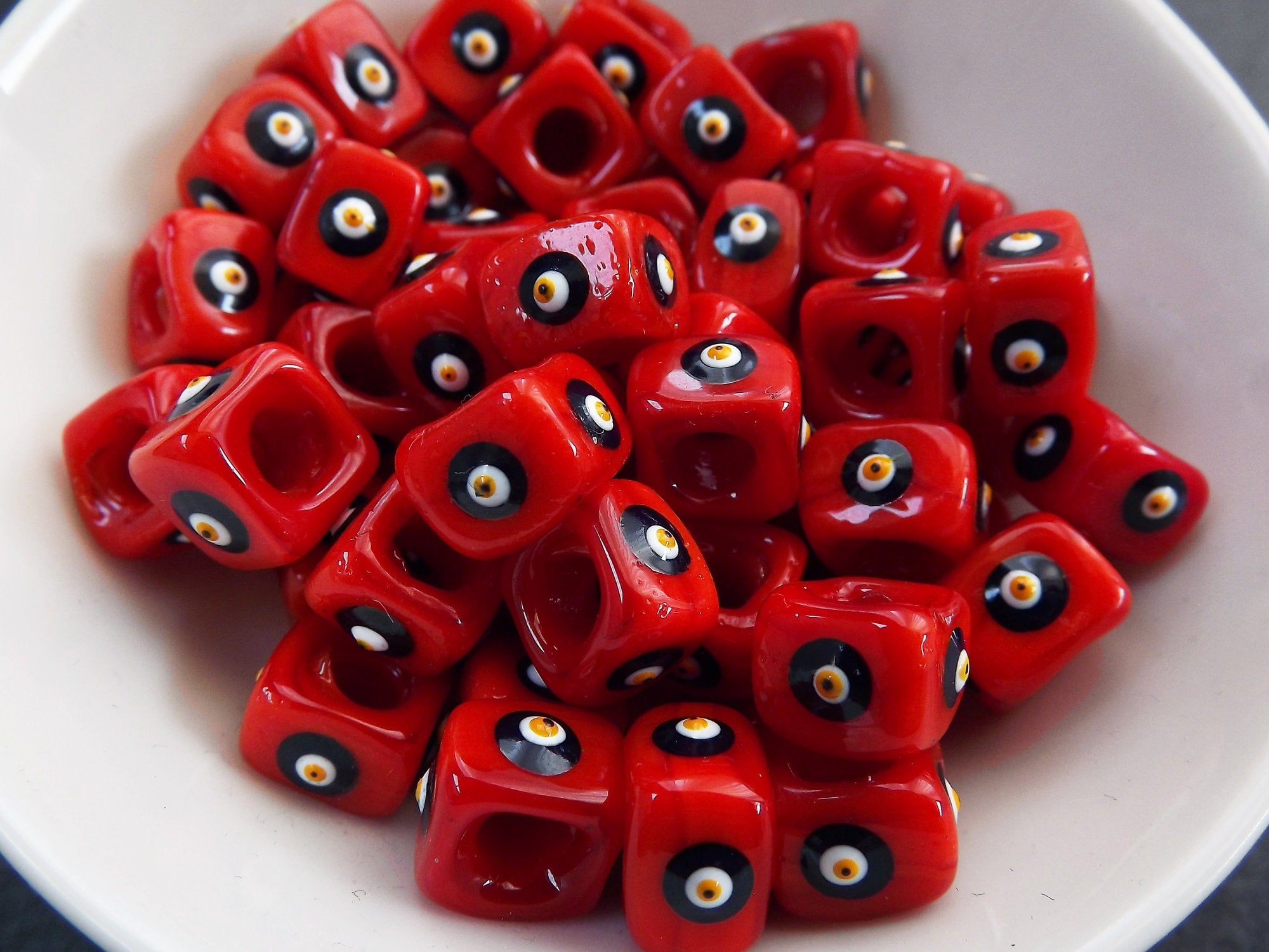 Scarlet Red Square Evil Eye Beads Protective Turkish Nazar Amulet Talisman Good Luck Necklace Bead 10mm 3pc