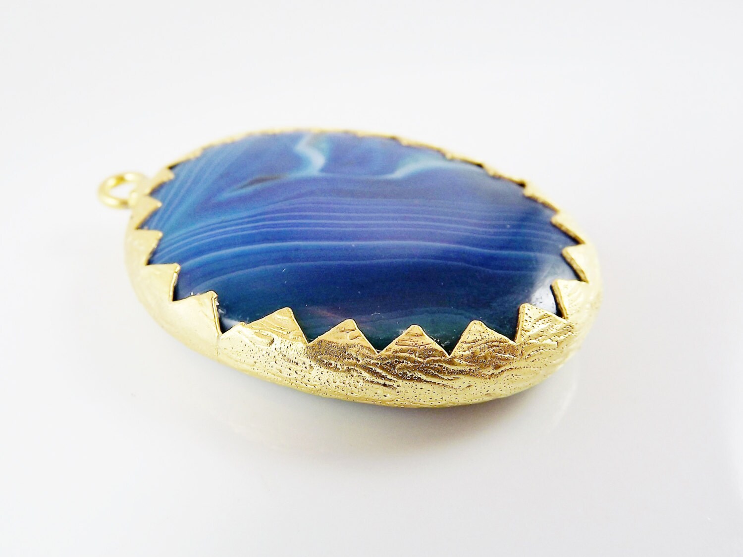 Large Oval Cyan Blue Agate Pendant - Serrated Border - 22k Matte Gold ...